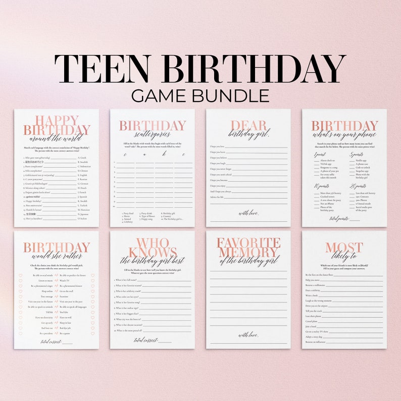 Teen Birthday Girl Games Bundle Printable Teenage Birthday - Etsy