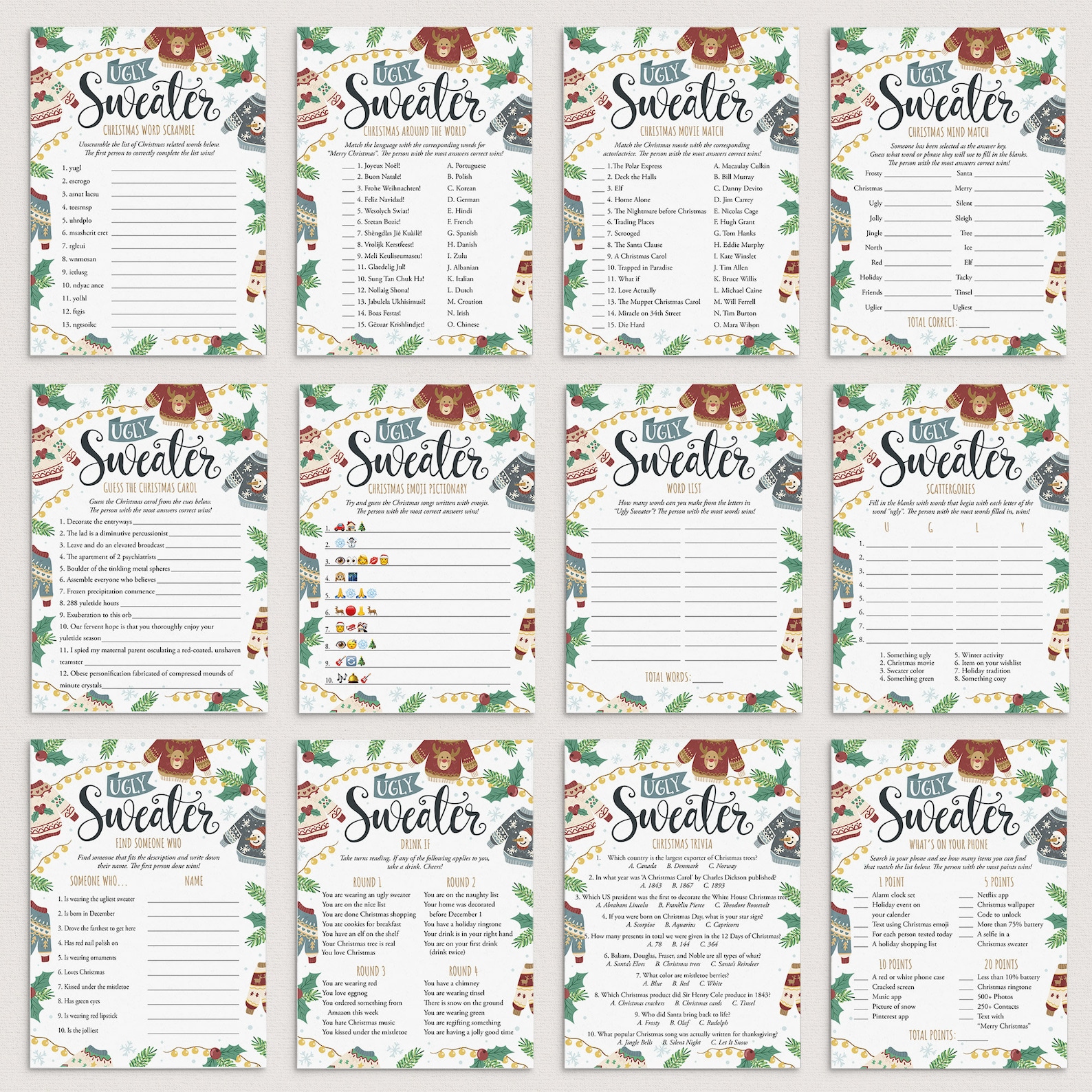 Ugly Sweater Party Games Bundle Printable Ugly Sweater Games - Etsy