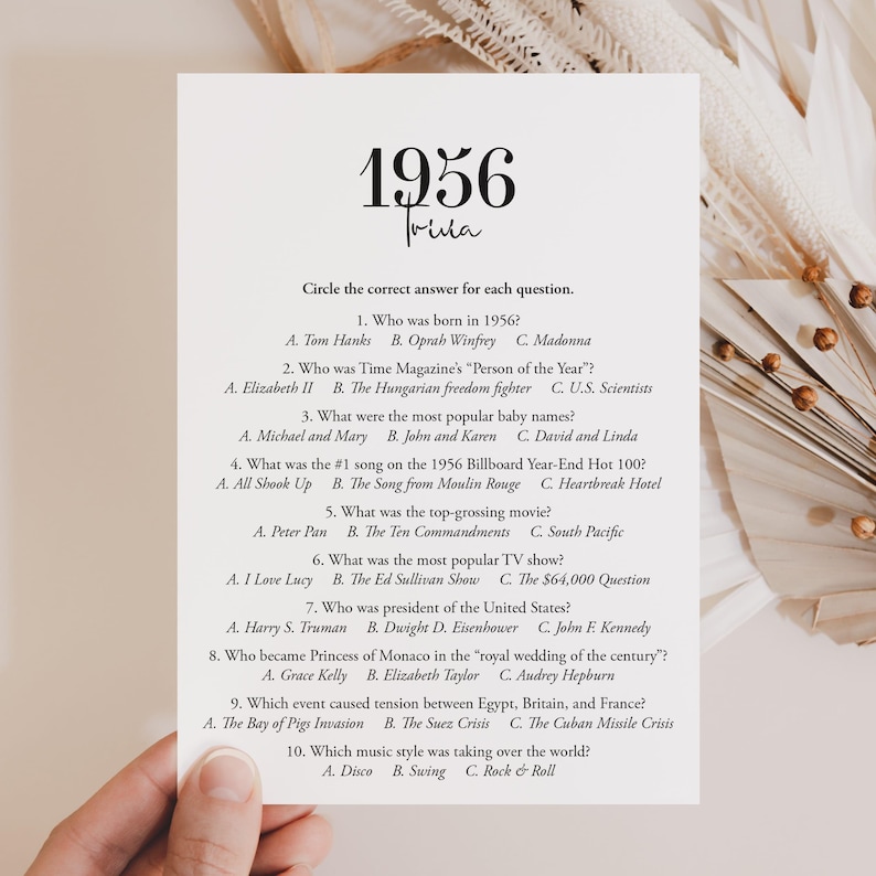 1956 Trivia Printable 70th Birthday Game Born in 1956 Quiz 70 Birthday ...