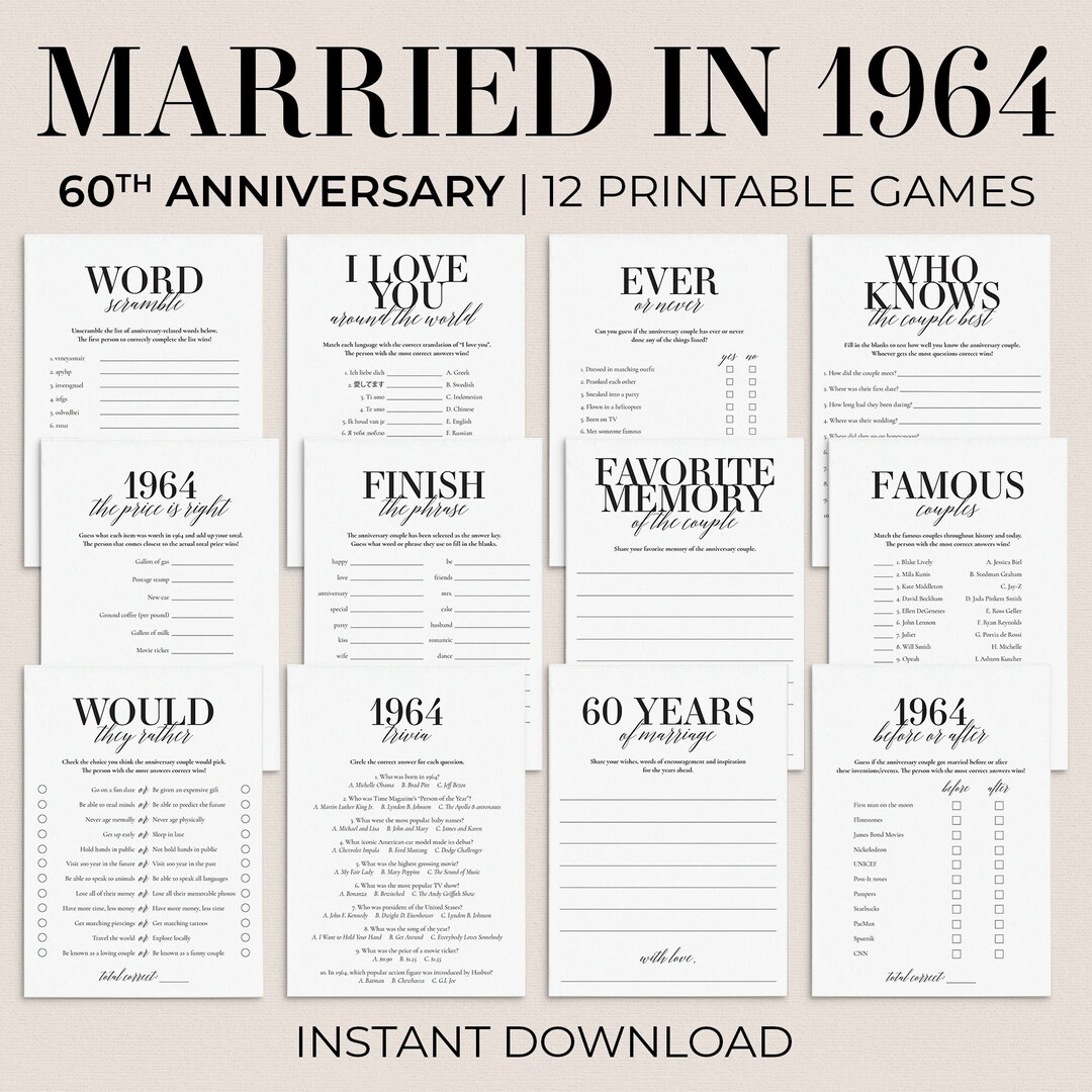 60th Anniversary Games Printable Married in 1964 Games Bundle Diamond ...