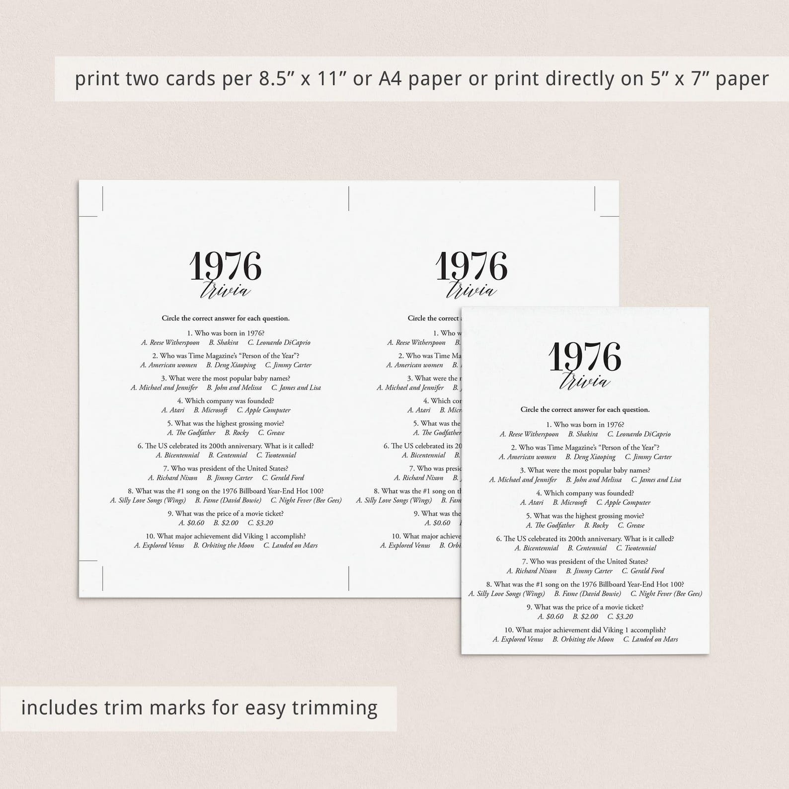 1976 Trivia Printable 50th Birthday Party 1976 Games Back in 1976 Party ...