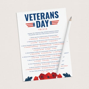 Veterans Day Trivia Printable Veterans Day Quiz Remembrance Day Game ...