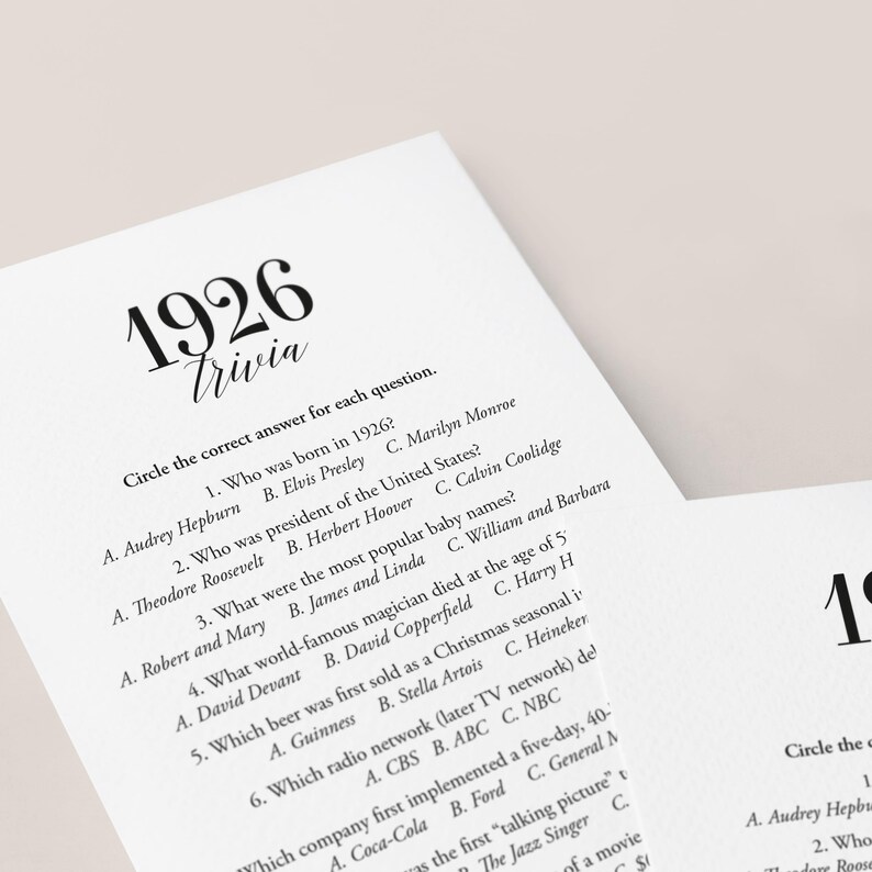 1926 Trivia Printable 100th Birthday Party Game Back to the 20s Party ...