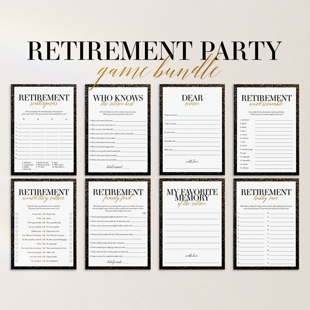 Black and Gold Retirement Party Games for Him and Her Printable ...