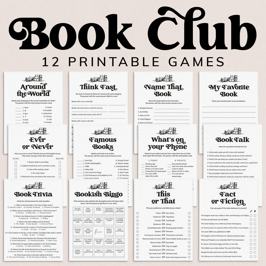 Book Club Game Bundle Printable Reading Group Activities Book Club ...