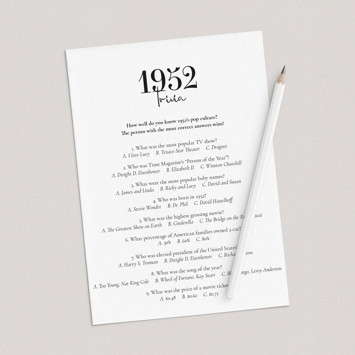1952 Trivia Printable 71st Birthday Game Born in 1952 Quiz - Etsy