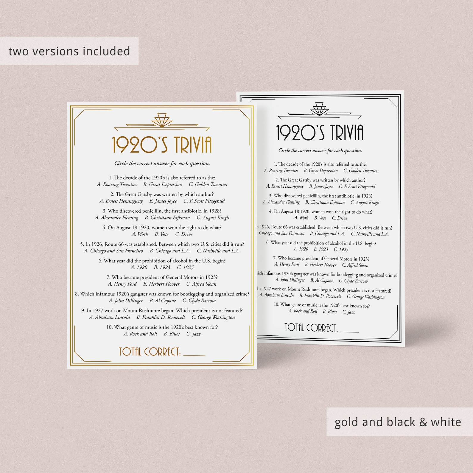 1920s Trivia Printable 1920's Gatsby Party Game Speakeasy Party Decor ...