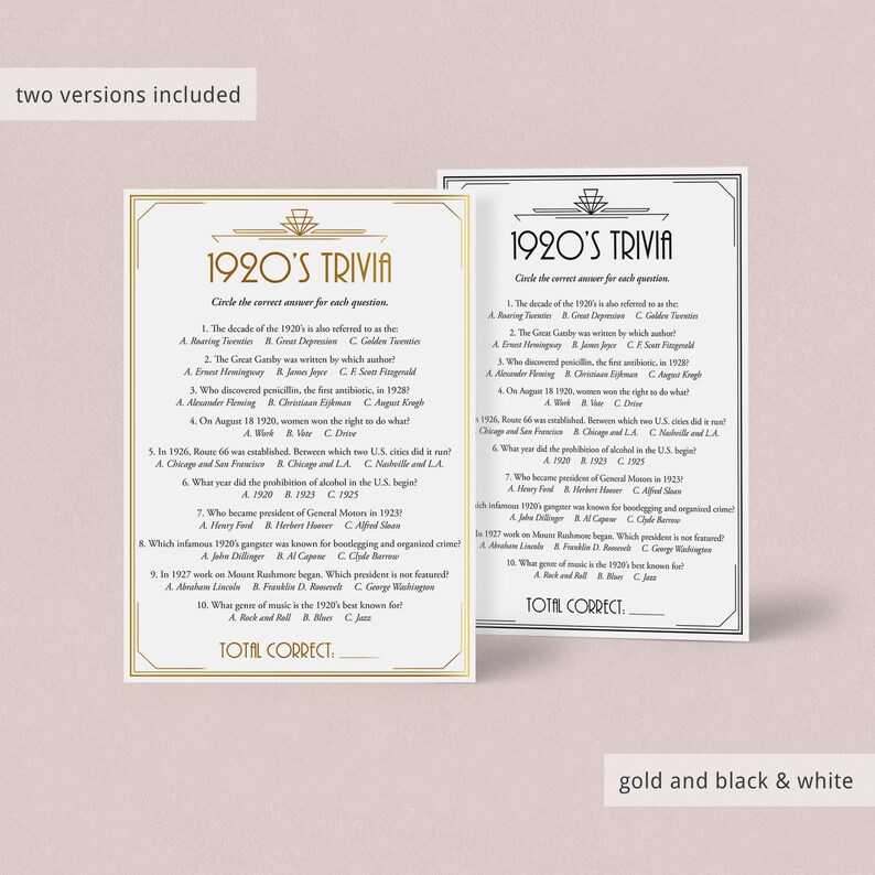 1920s Trivia Printable 1920's Gatsby Party Game Speakeasy - Etsy