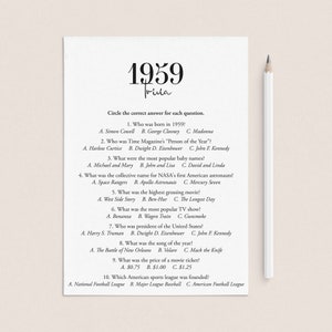 1959 Trivia Printable Back in 1959 66th Birthday Game Born in 1959 Quiz ...