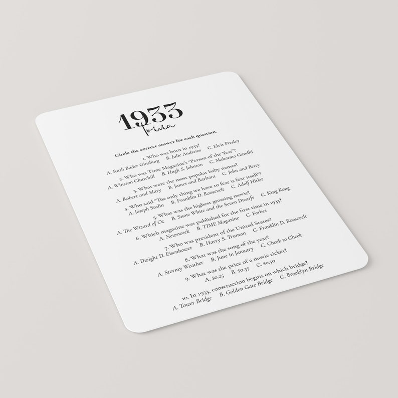 1933 Trivia Printable 93rd Birthday Party Game Back to the 30s Party ...