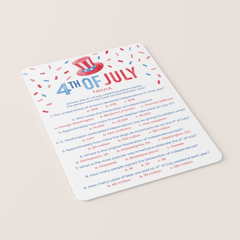 4th of July Trivia Printable USA Quiz Fourth of July Facts USA | Etsy