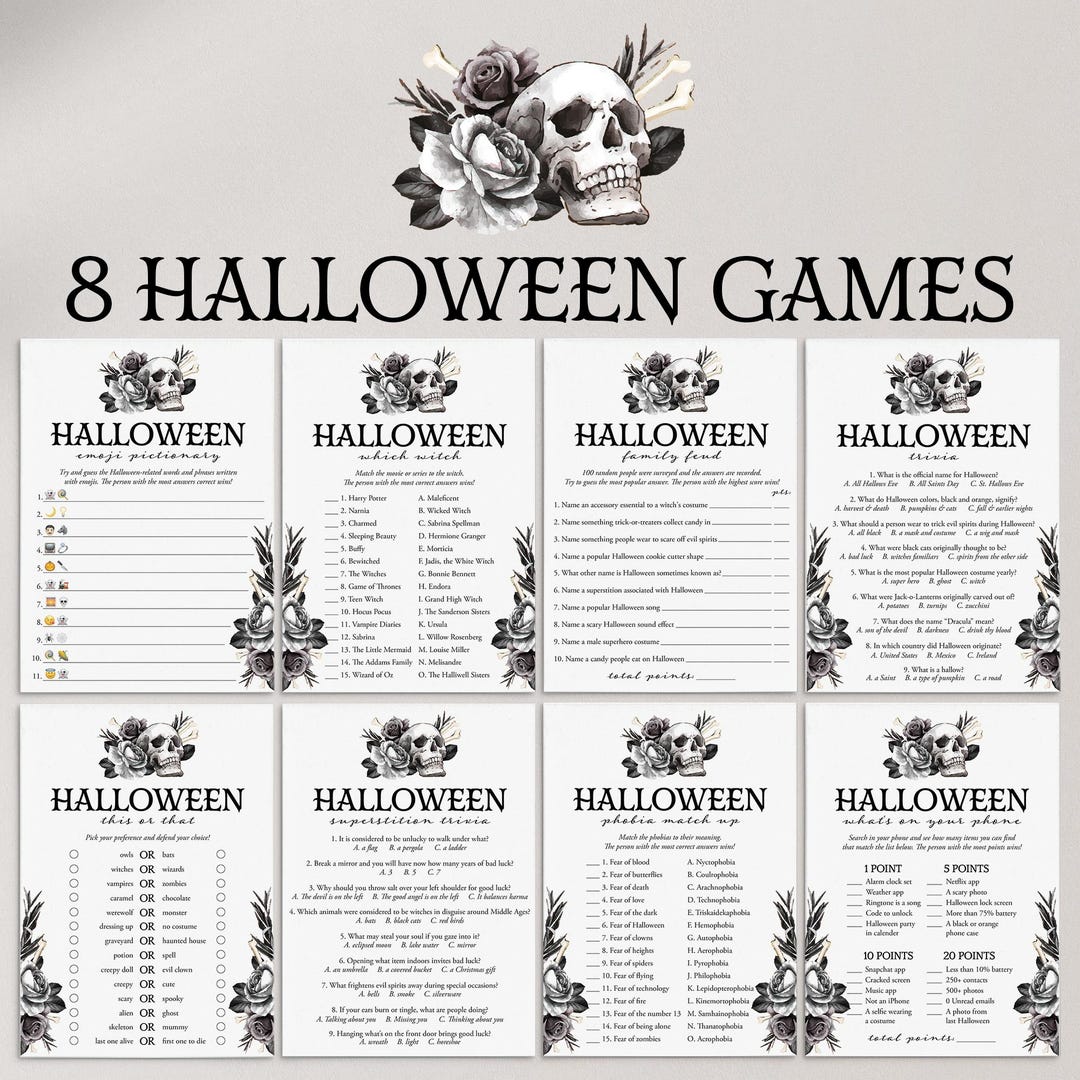Gothic Halloween Party Games Printable Black Goth Halloween Games ...