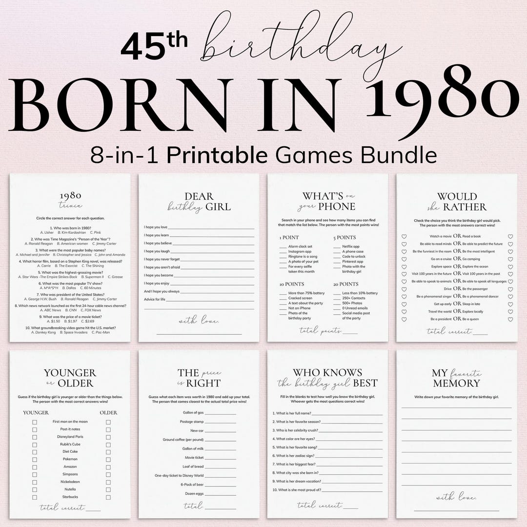 Born in 1980 45th Birthday Games for Her Minimal Birthday Party Games ...