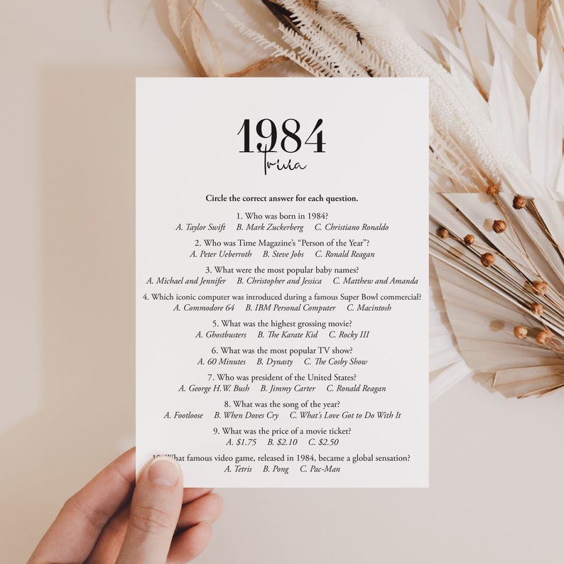 1984 Trivia Printable 80s Quiz 42nd Birthday Party Game Born in 1984 ...
