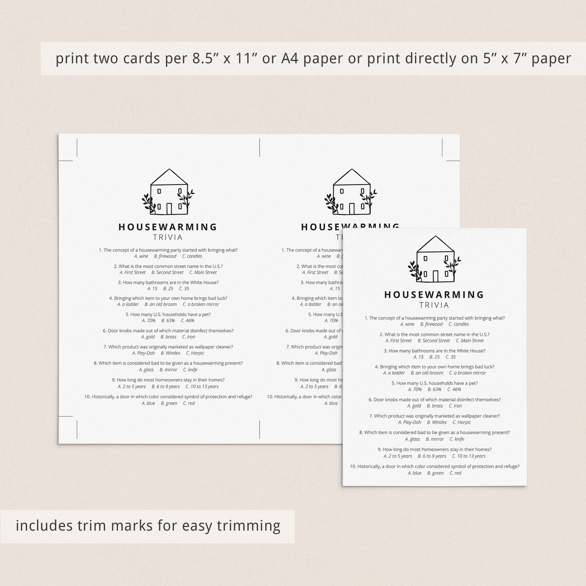 Housewarming Trivia Printable House Trivia Quiz With Answers - Etsy