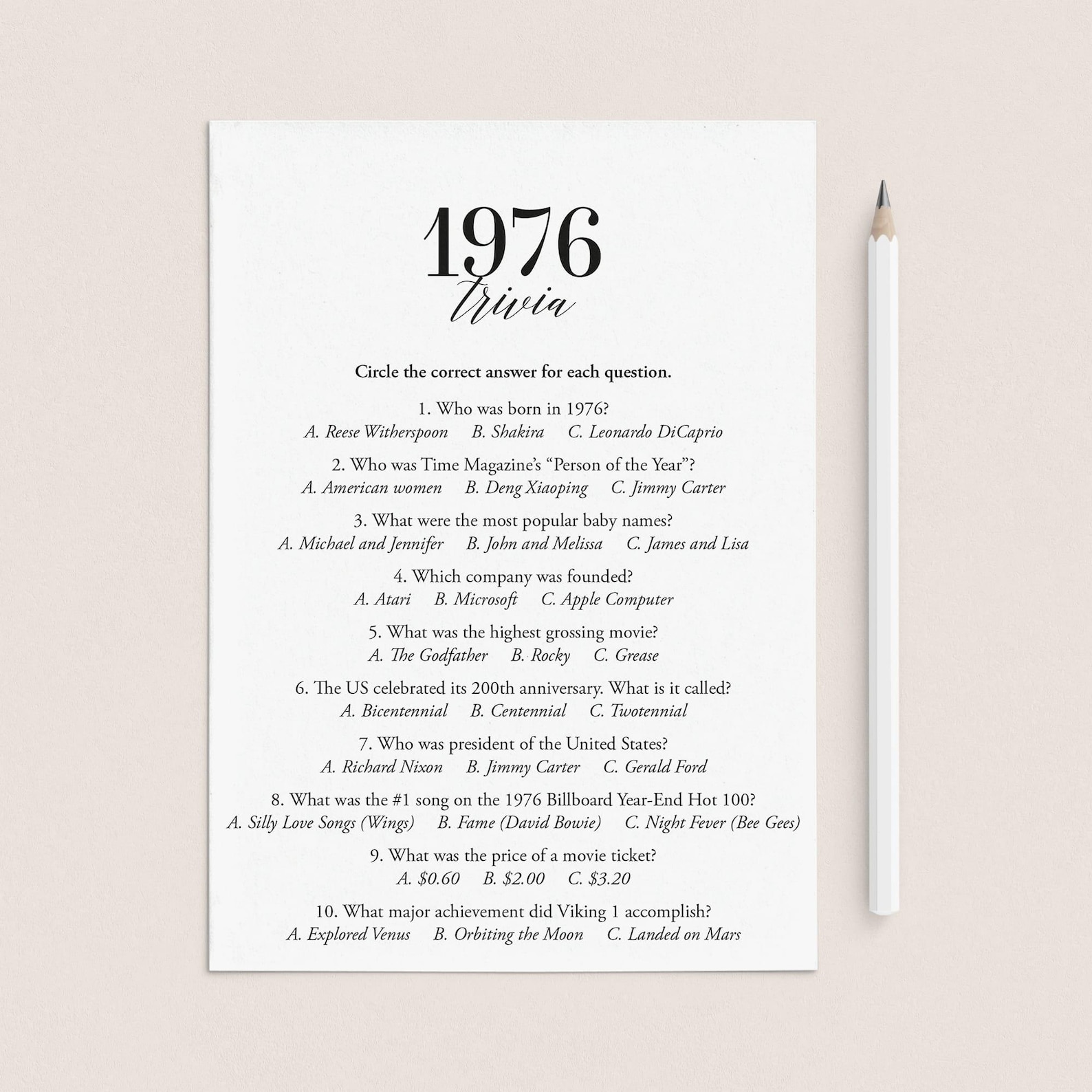 1976 Trivia Printable 50th Birthday Party 1976 Games Back in 1976 Party ...