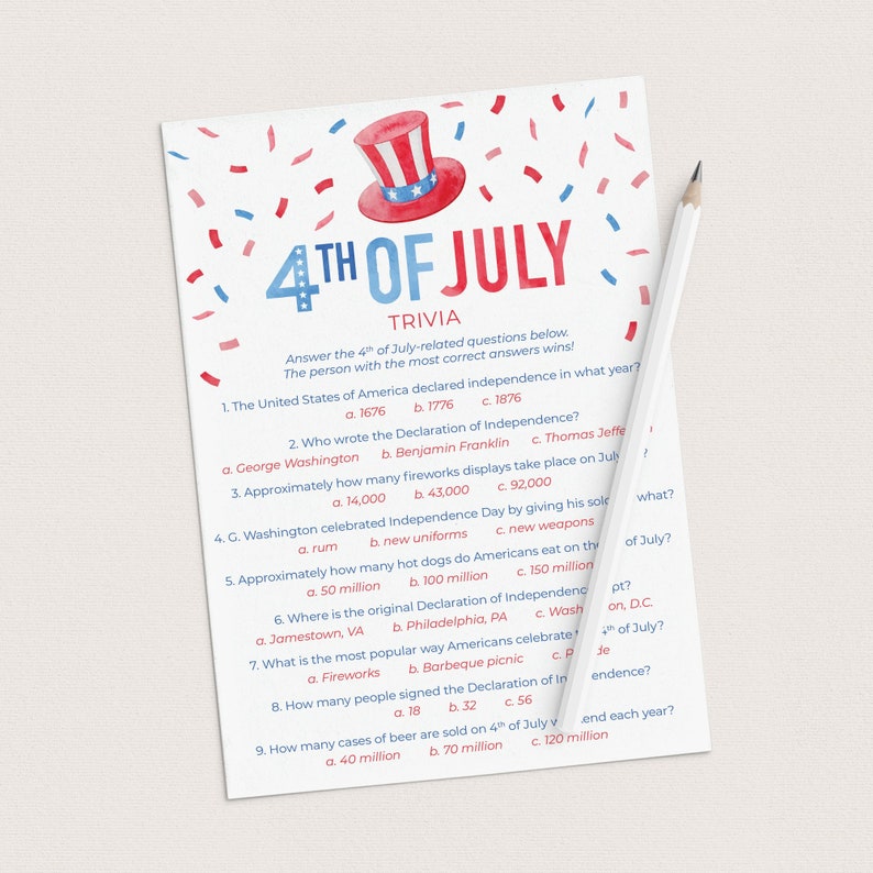4th of July Trivia Printable USA Quiz Fourth of July Facts USA | Etsy