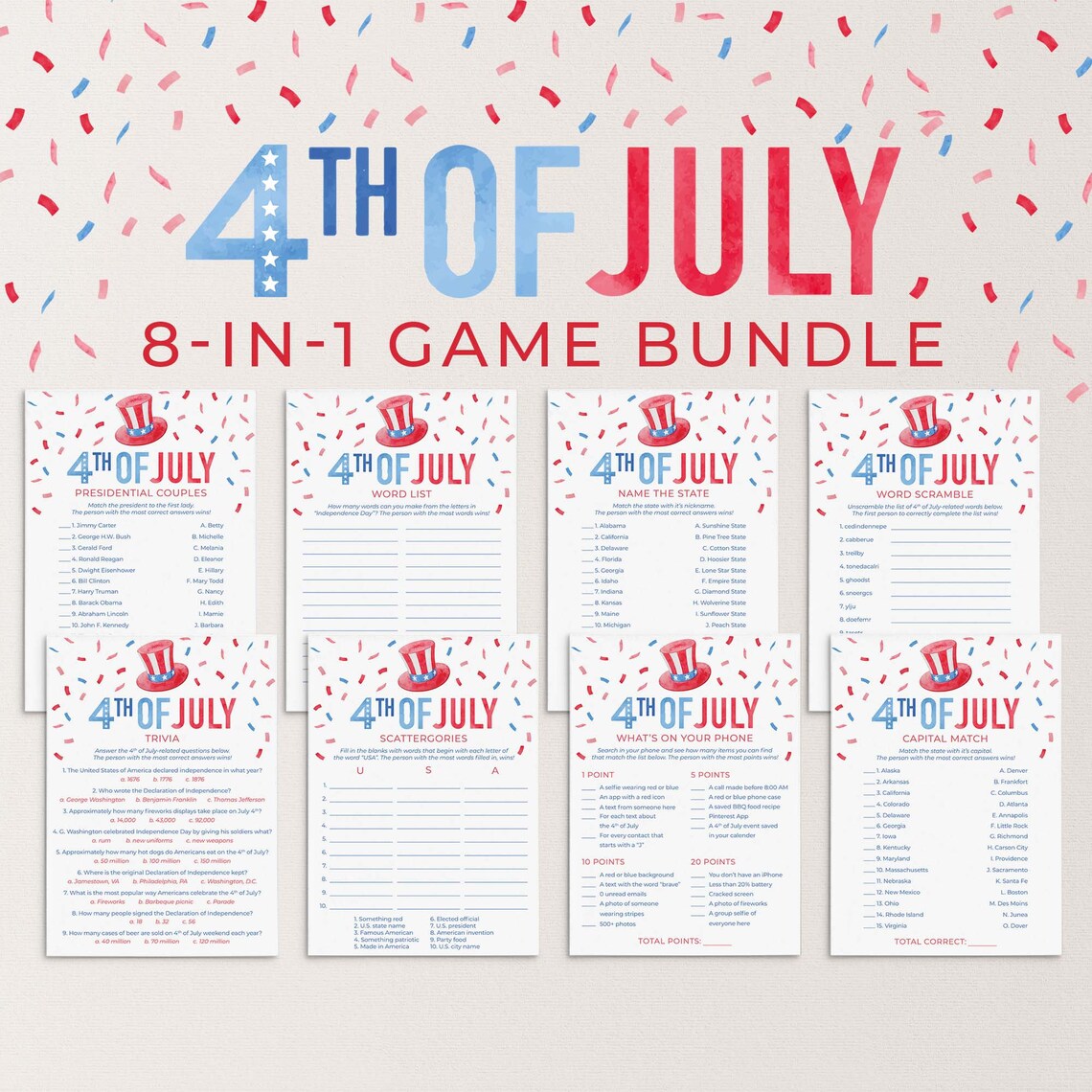4th of July Party Games Bundle Printable July 4th Games Red | Etsy