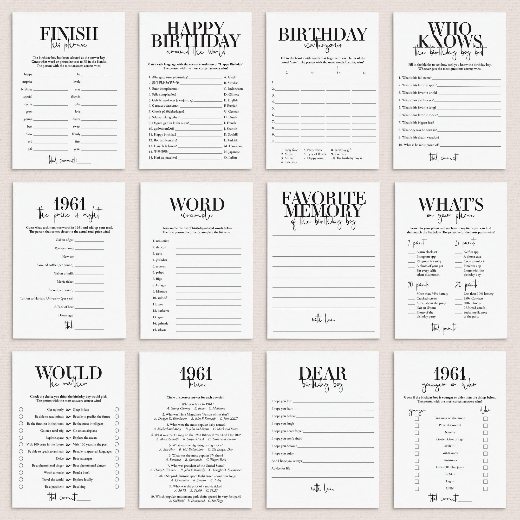 65th Birthday Games for Men 65th Birthday Party Games for Him Printable ...