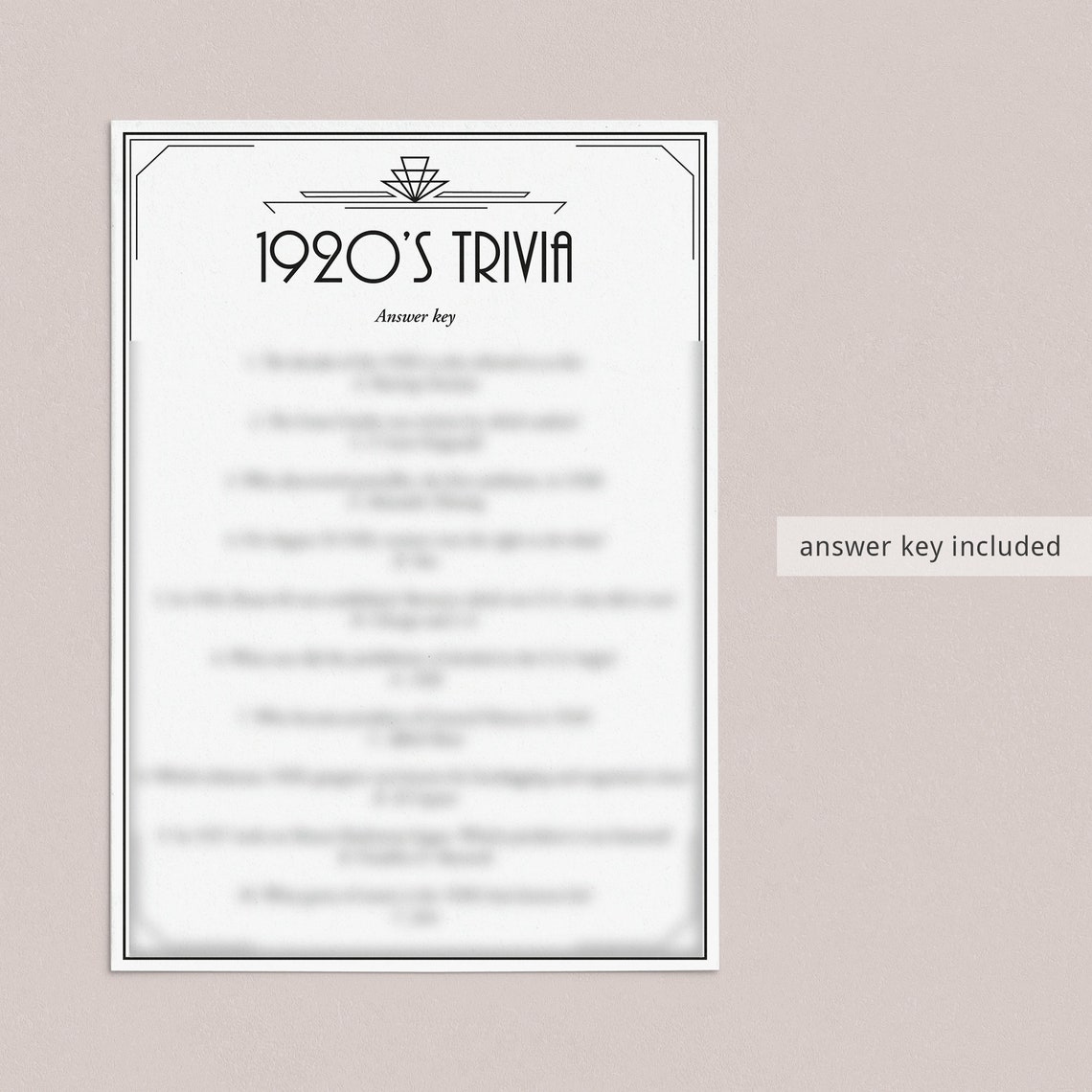 1920s Trivia Printable 1920's Gatsby Party Game Speakeasy Party Decor ...