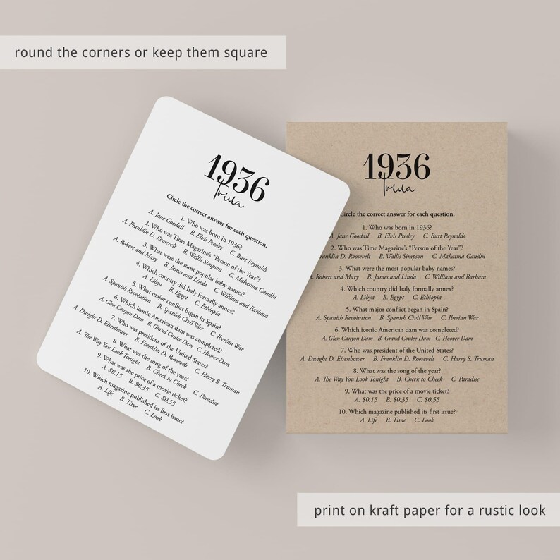 1936 Trivia Printable 90th Birthday Party Game Back to the 30s Party ...