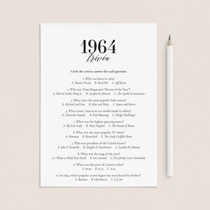 1964 Trivia Printable 60s Quiz 61st Birthday Party Game Back to the 60s ...