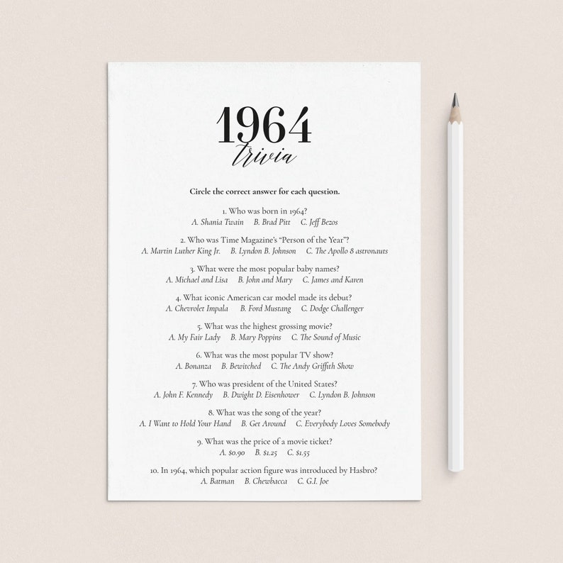 1964 Trivia Printable 60s Quiz 62nd Birthday Party Game Back to the 60s ...