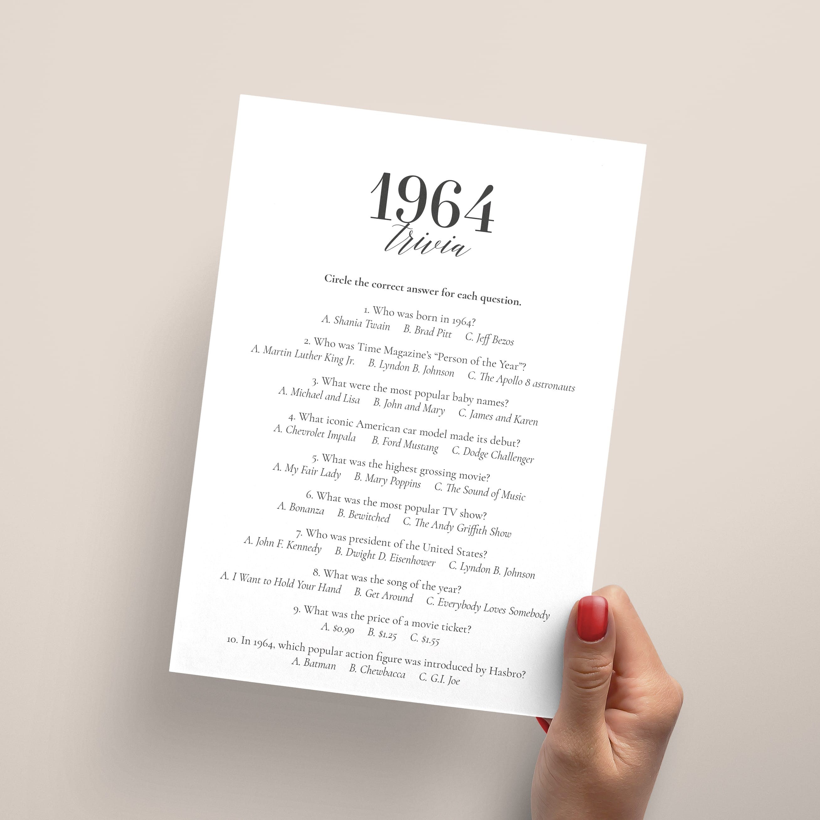 1964 Trivia Printable 60s Quiz 62nd Birthday Party Game Back to the 60s ...