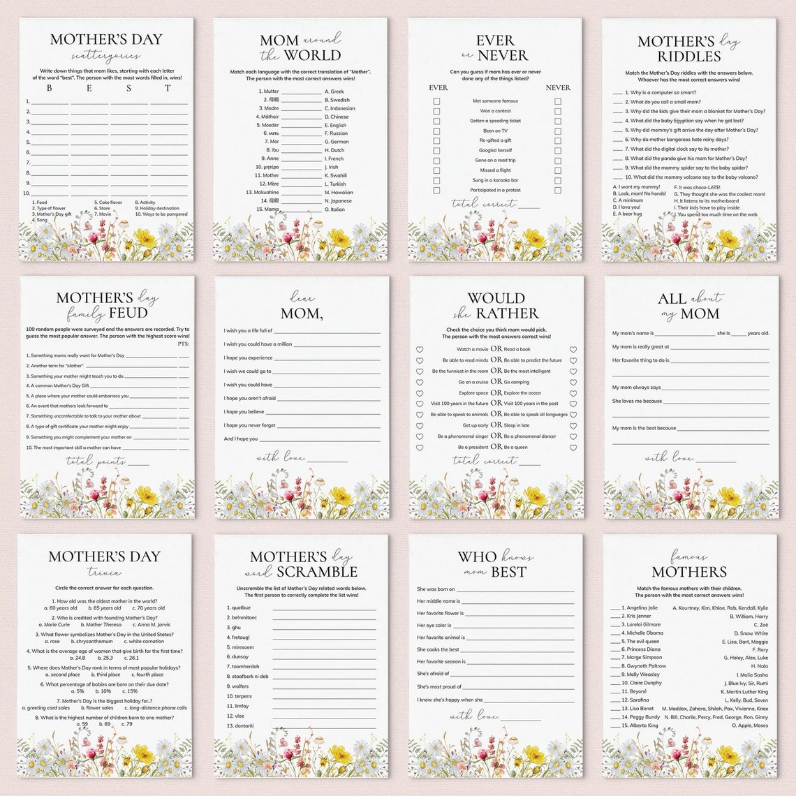 Floral Mothers Day Games Printable Mother’s Day Game Pack Mothers Day ...