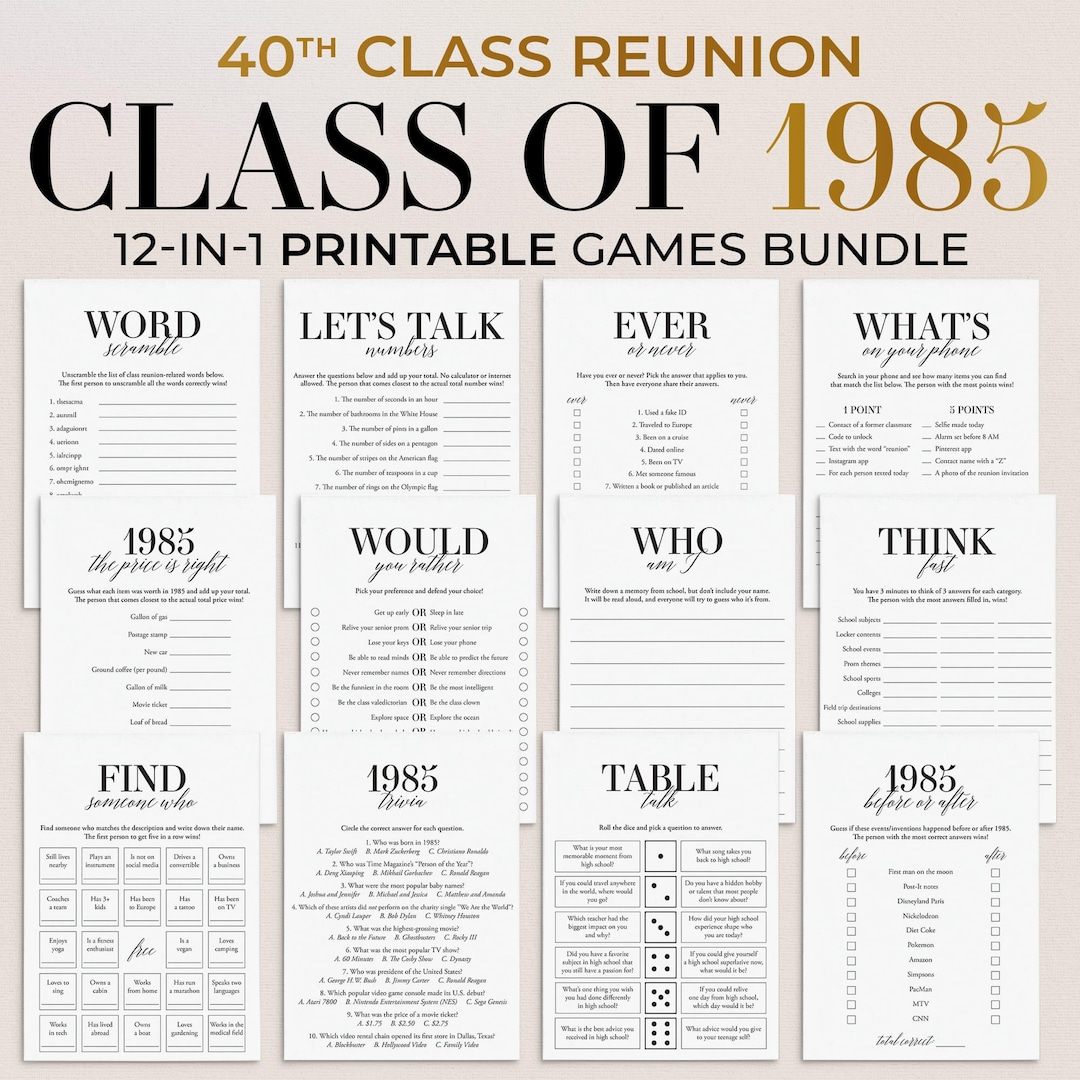 40th Class Reunion Games Printable Class of 1985 Reunion Party Games ...