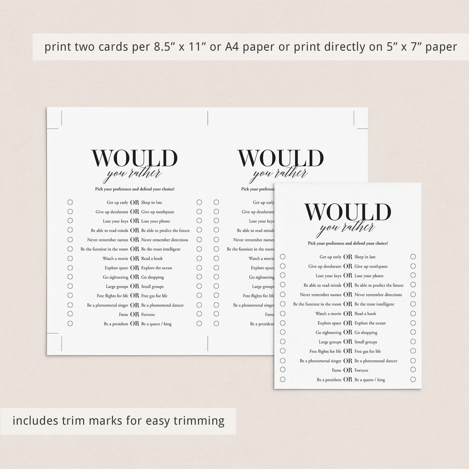 Would You Rather Icebreaker Game Printable This or That Questions for ...