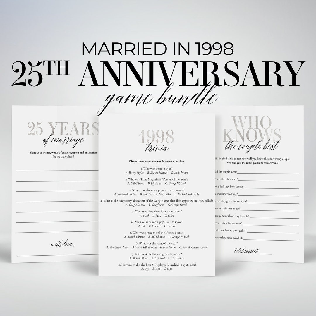 25th Anniversary Party Games Married in 1998 Trivia Printable - Etsy