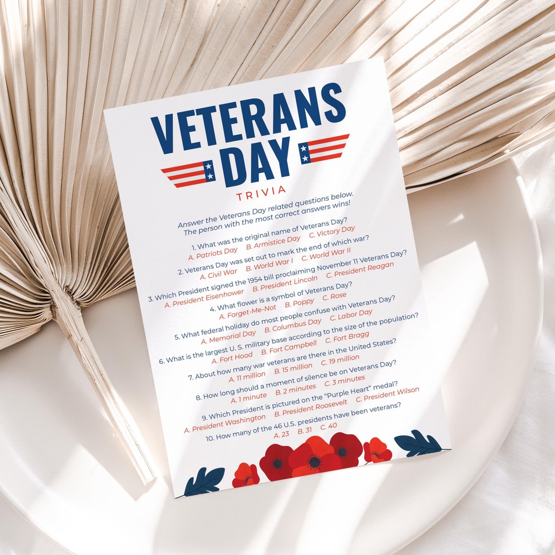 Veterans Day Trivia Printable Veterans Day Quiz Remembrance Day Game ...