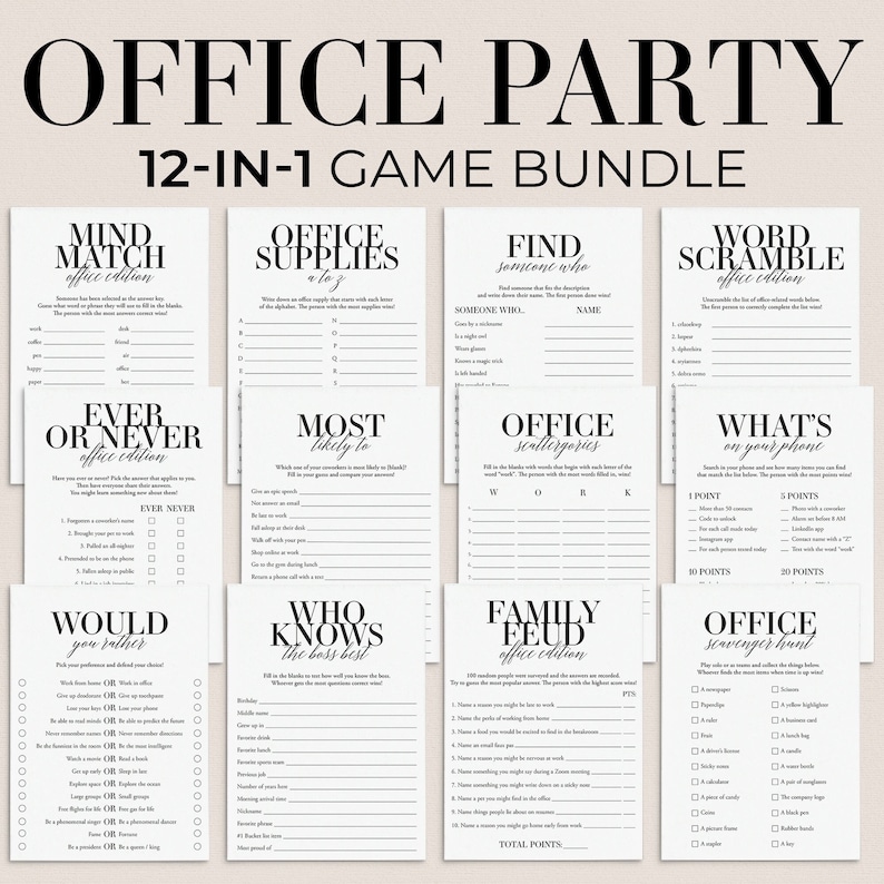 Office Party Games Bundle Printable Games for Work Team Building ...