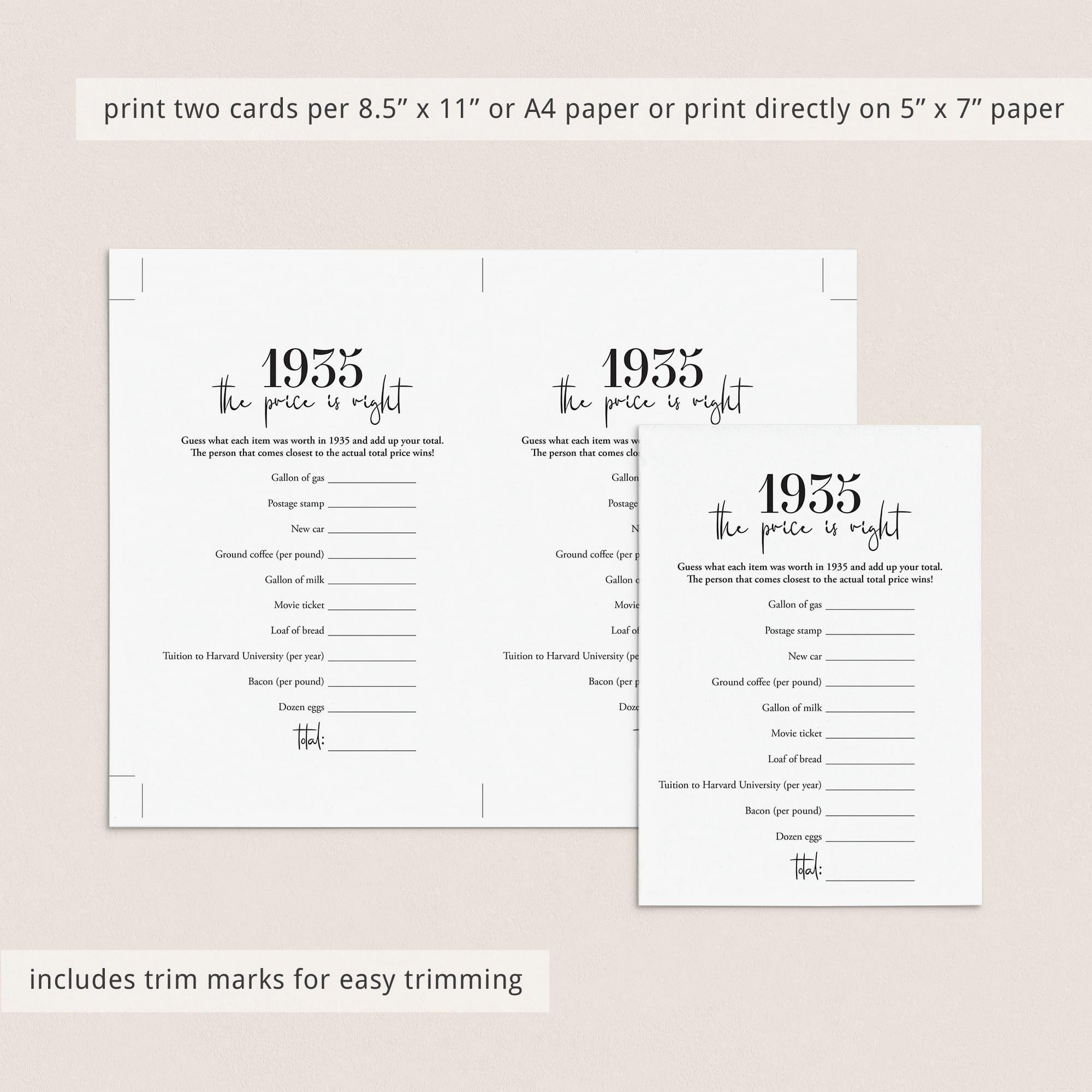 1935 the Price is Right Game Printable 91st Birthday Party Card Cost of ...