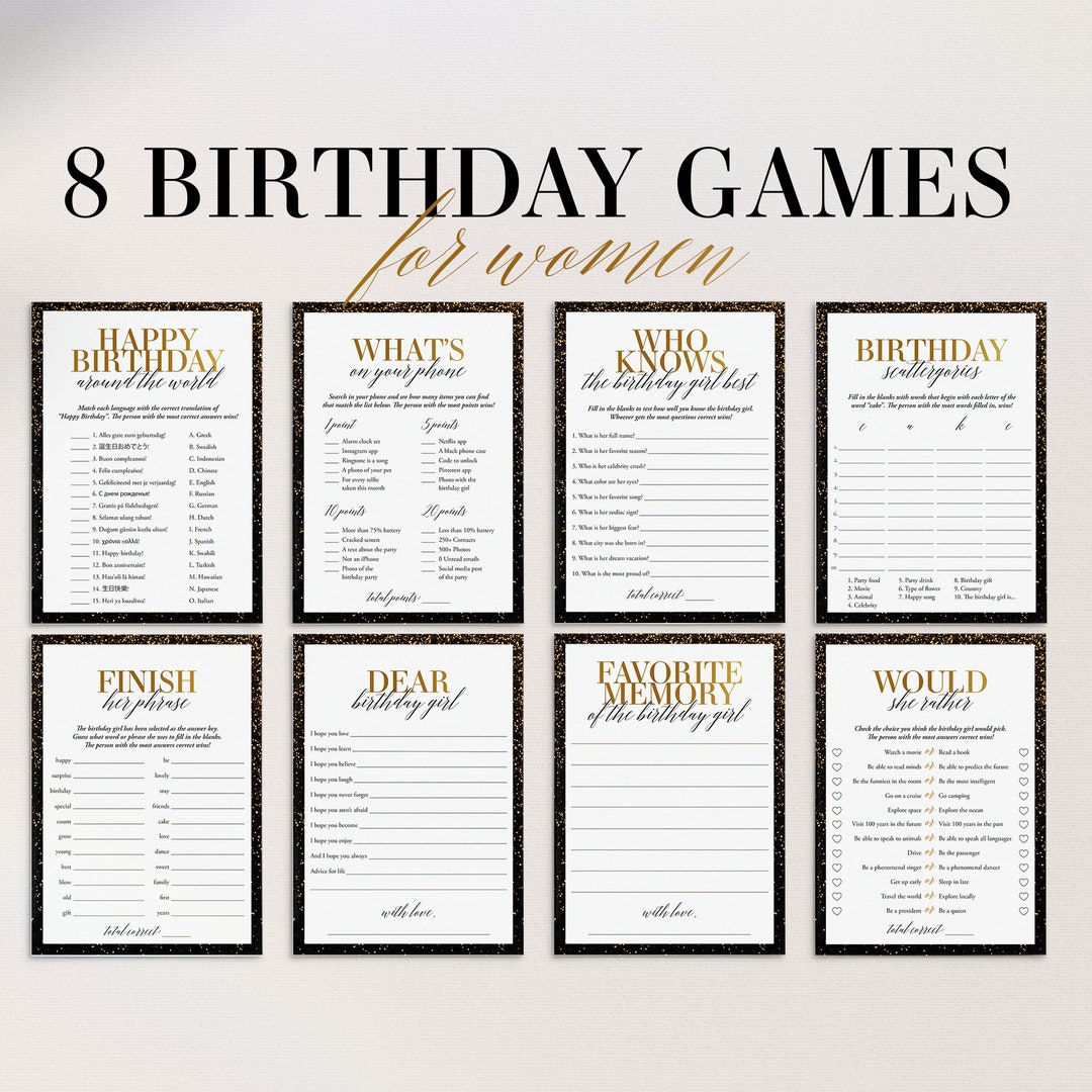 Black and Gold Birthday Party Games for Women Printable Gold Confetti ...