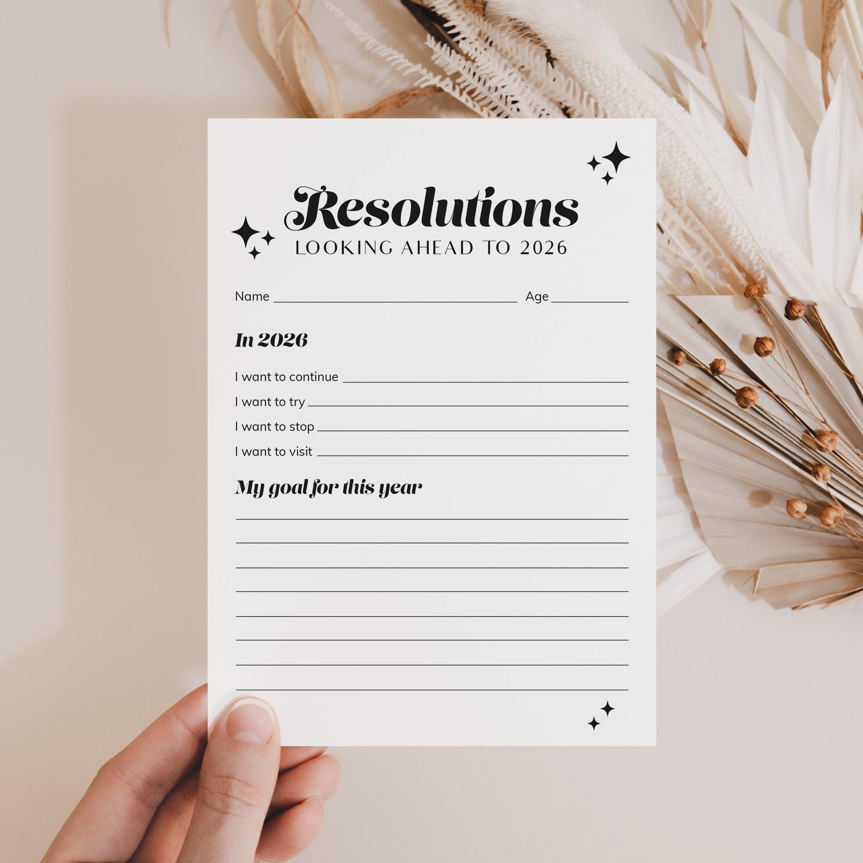 2026 Resolutions Printable Retro New Year Resolution Card Minimalist ...