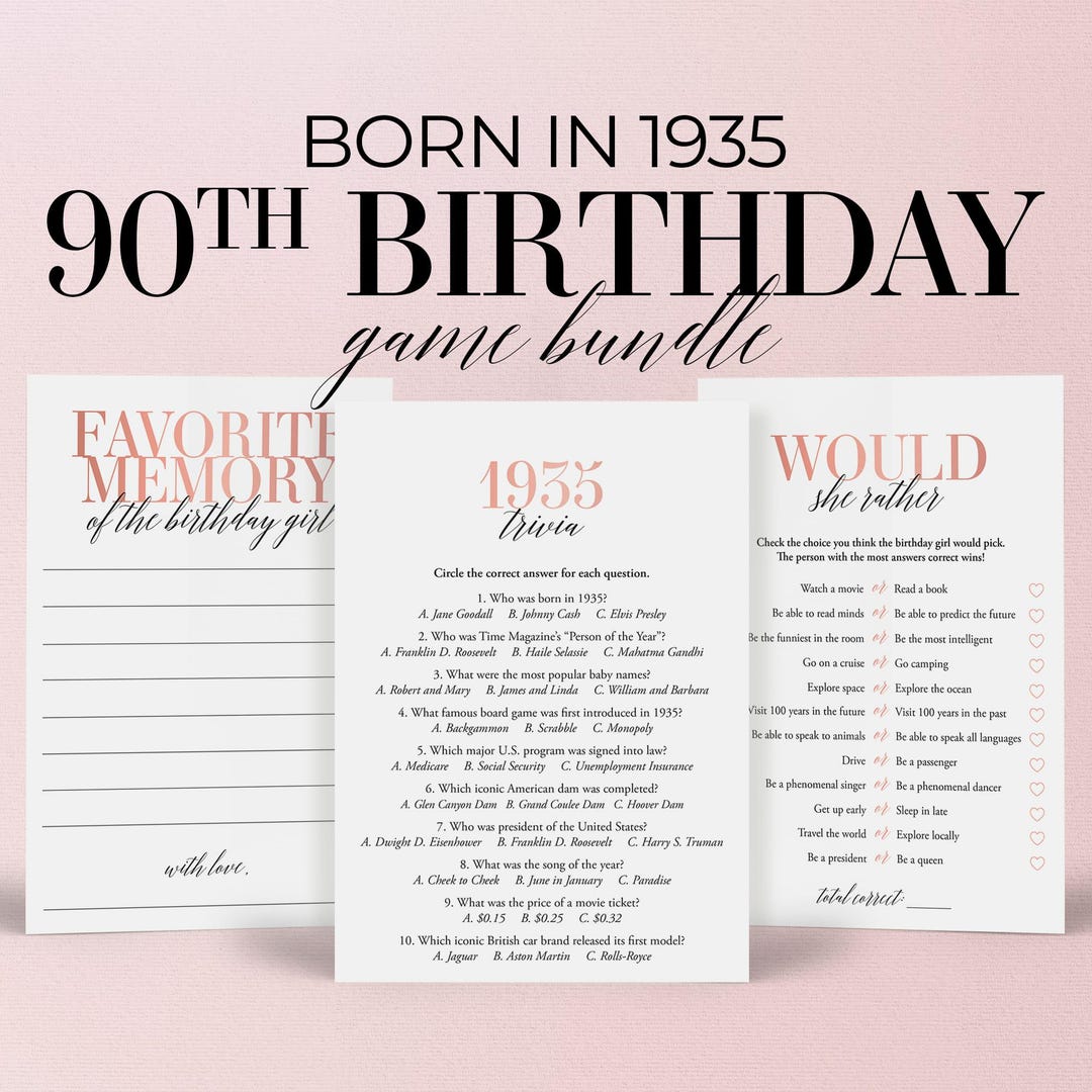 90th Birthday Party Games Bundle Printable Born in 1935 Birthday Games ...