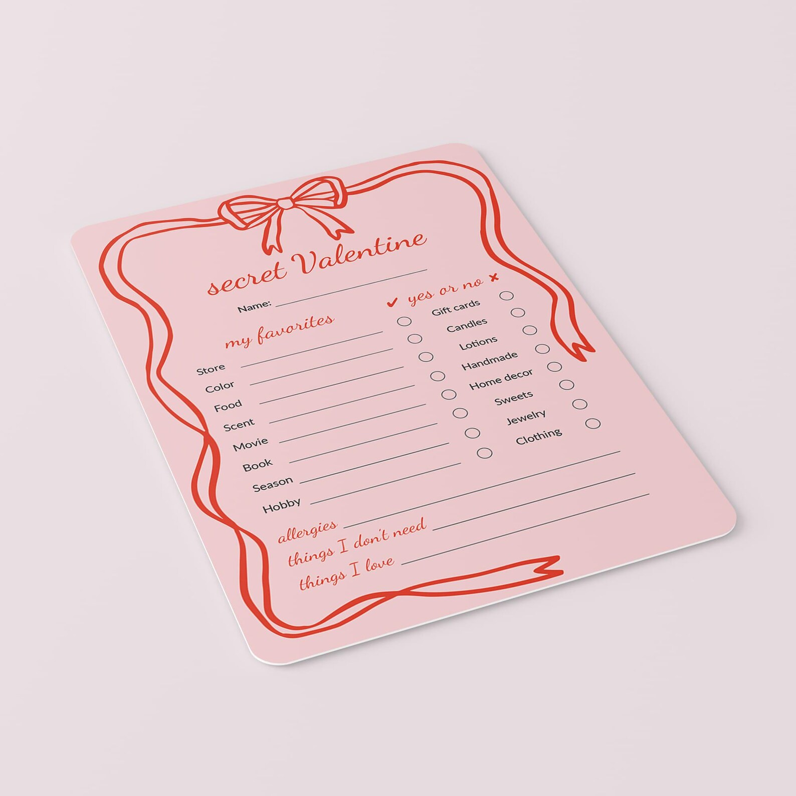Secret Valentine Questionnaire Printable Valentines All About Me Secret ...