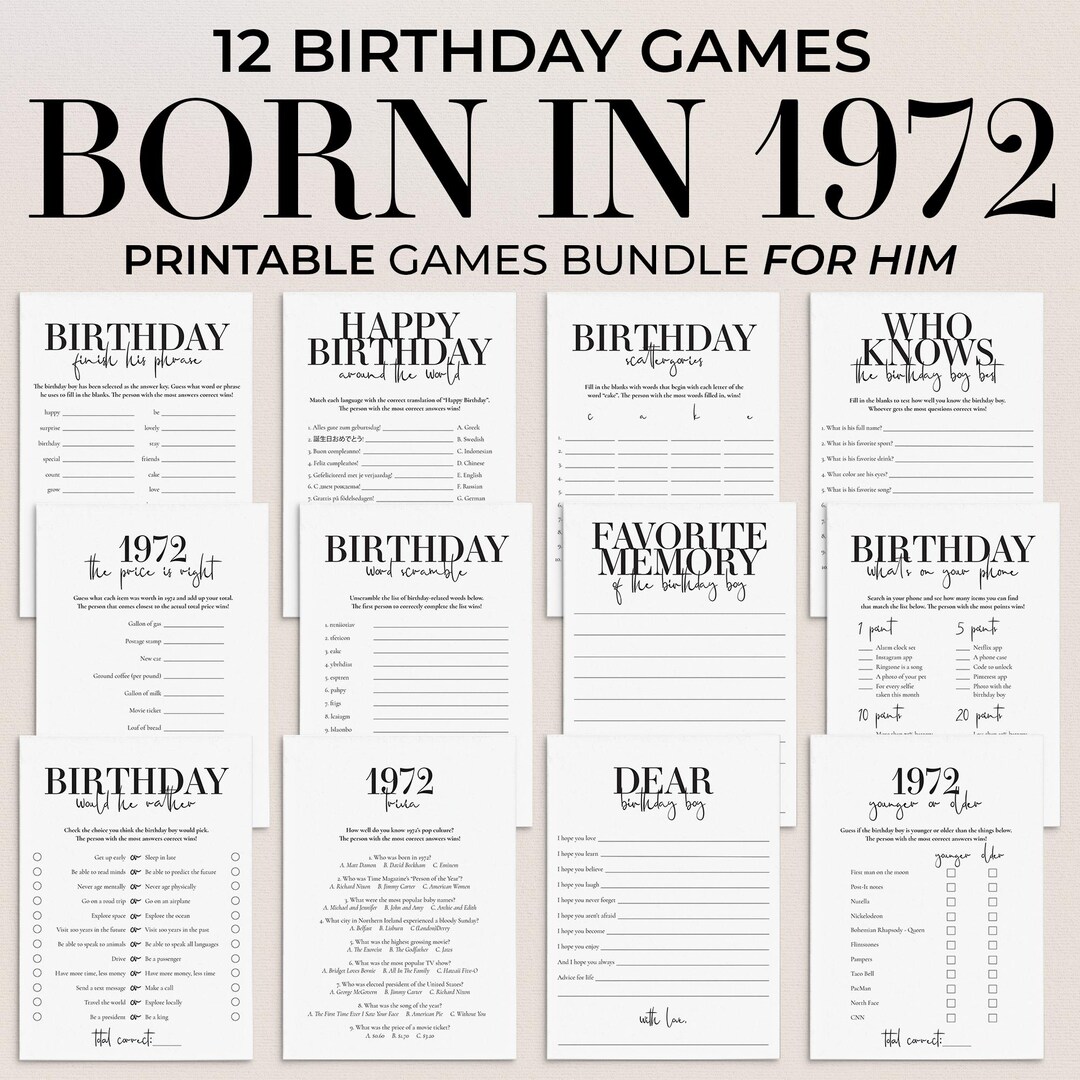 53rd Birthday Games for Man Born in 1972 53rd Birthday Party for Him ...