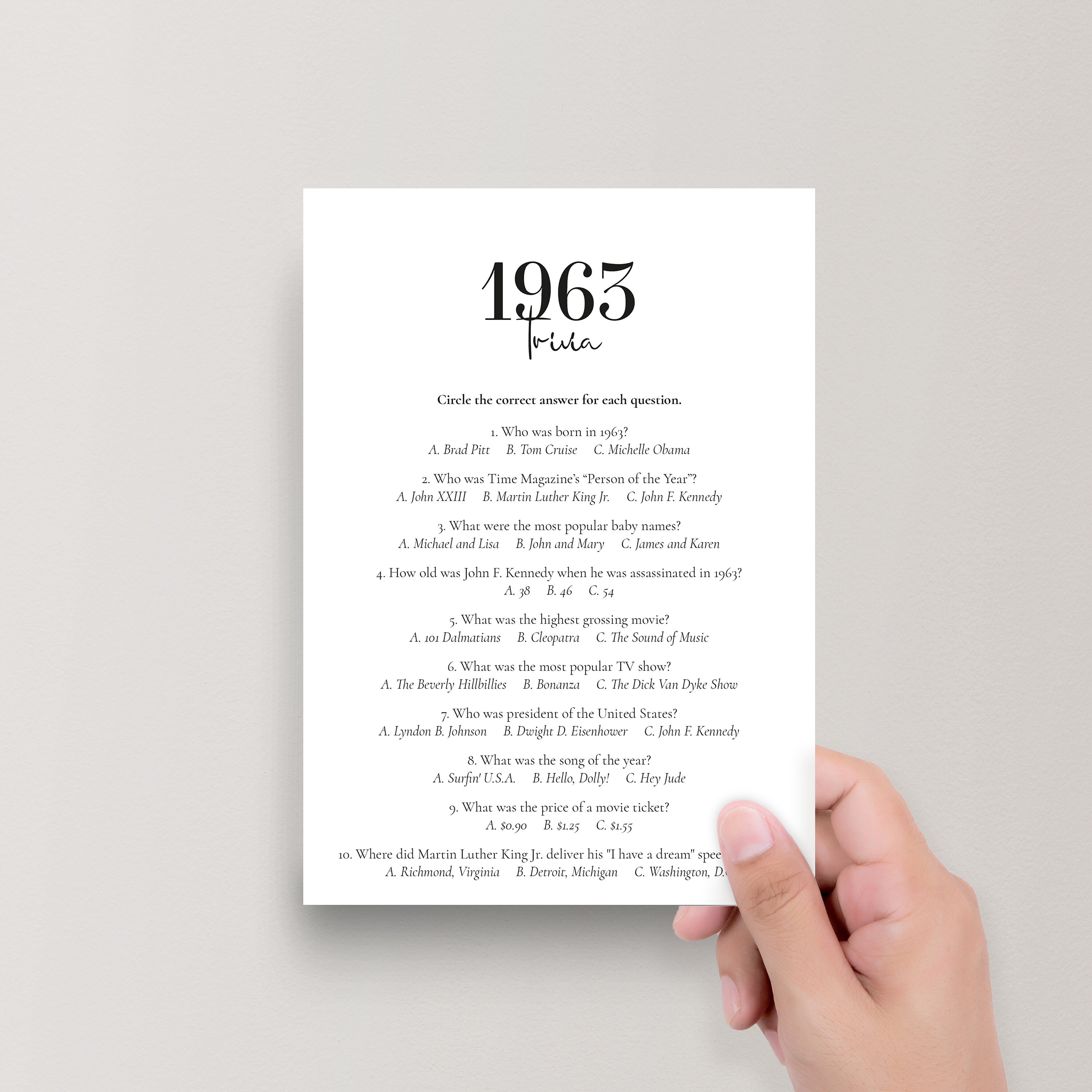1963 Quiz Printable Fun Facts About 1963 Trivia Simple 60th - Etsy