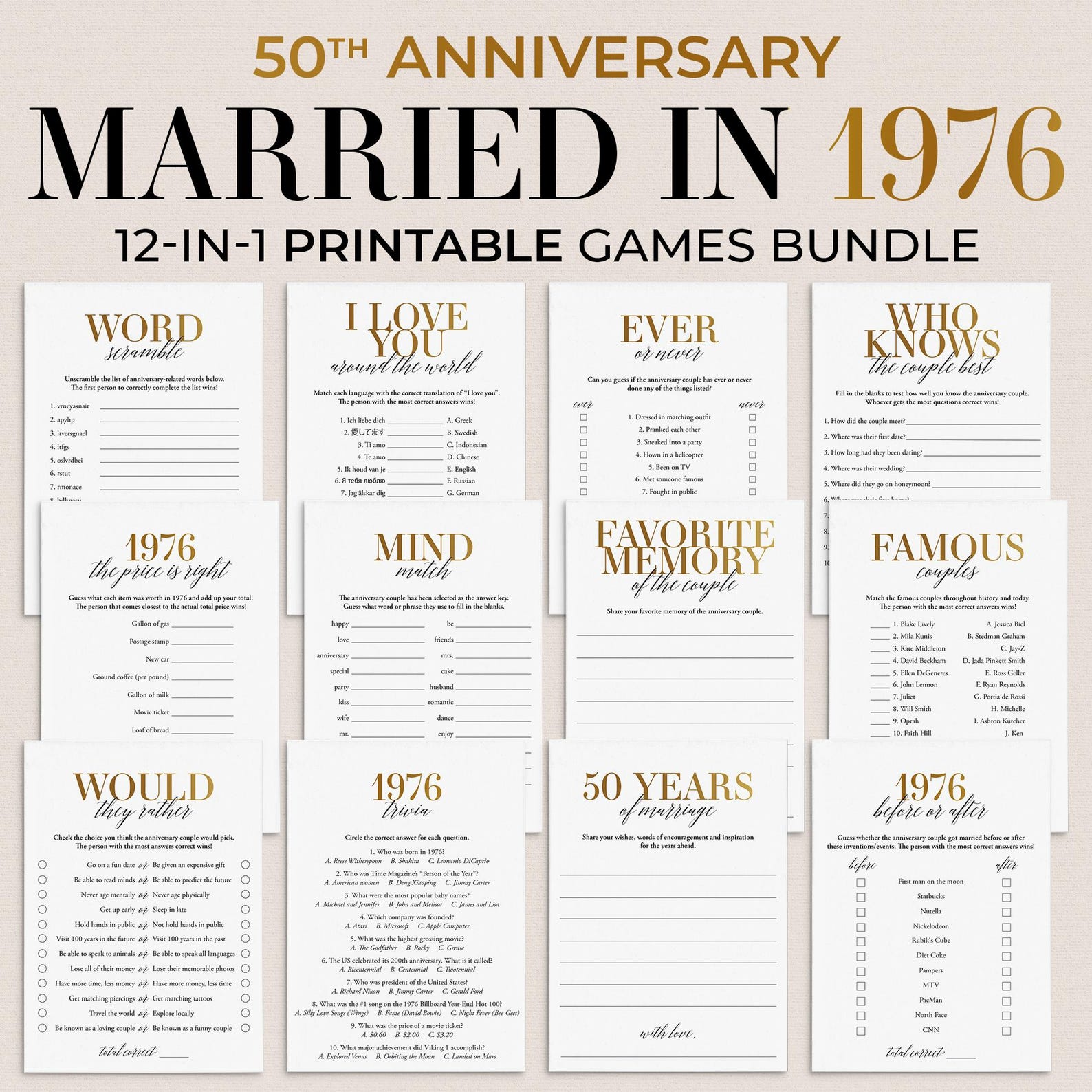 50th Anniversary Party Games Printable Married in 1976 Games Bundle ...