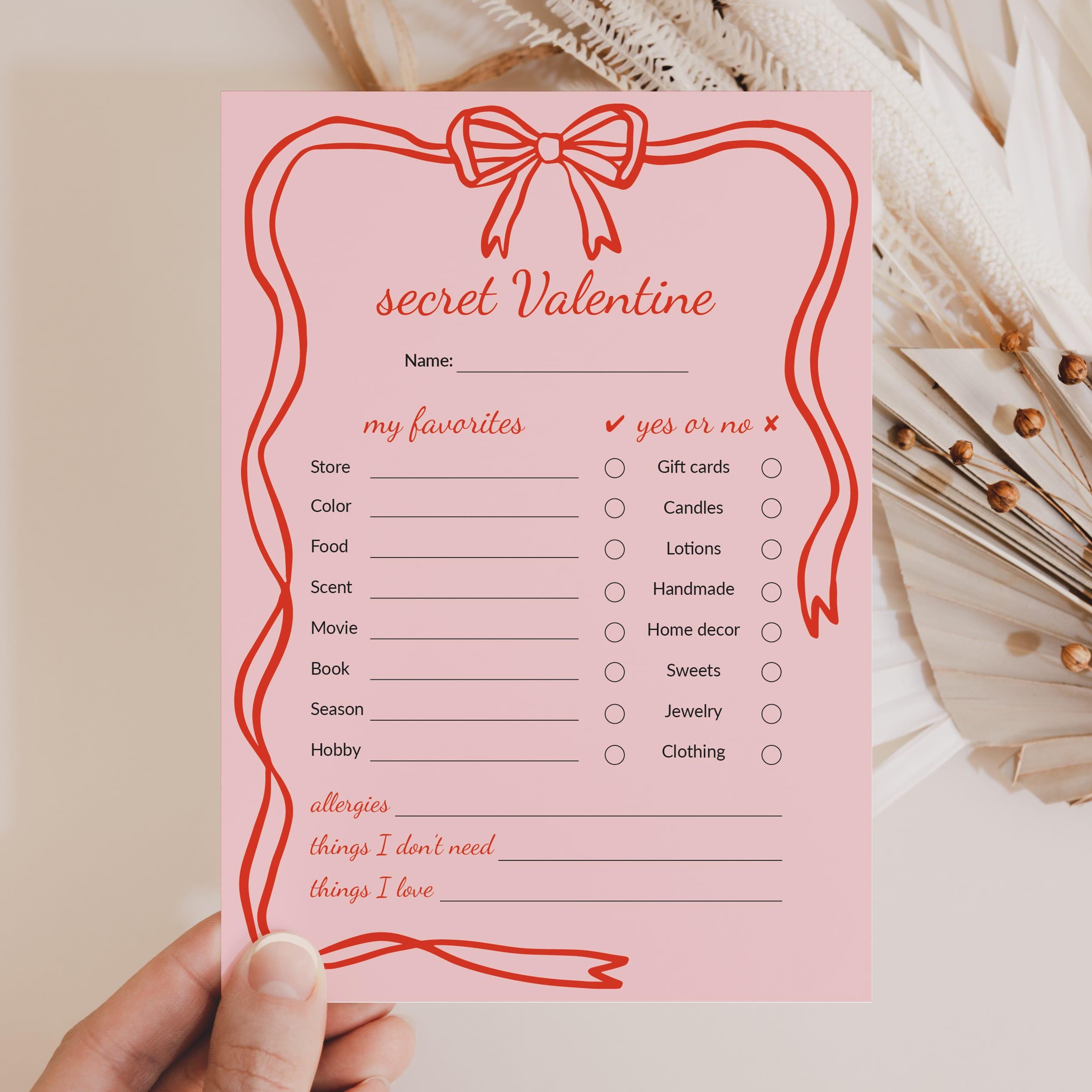 Secret Valentine Questionnaire Printable Valentines All About Me Secret ...