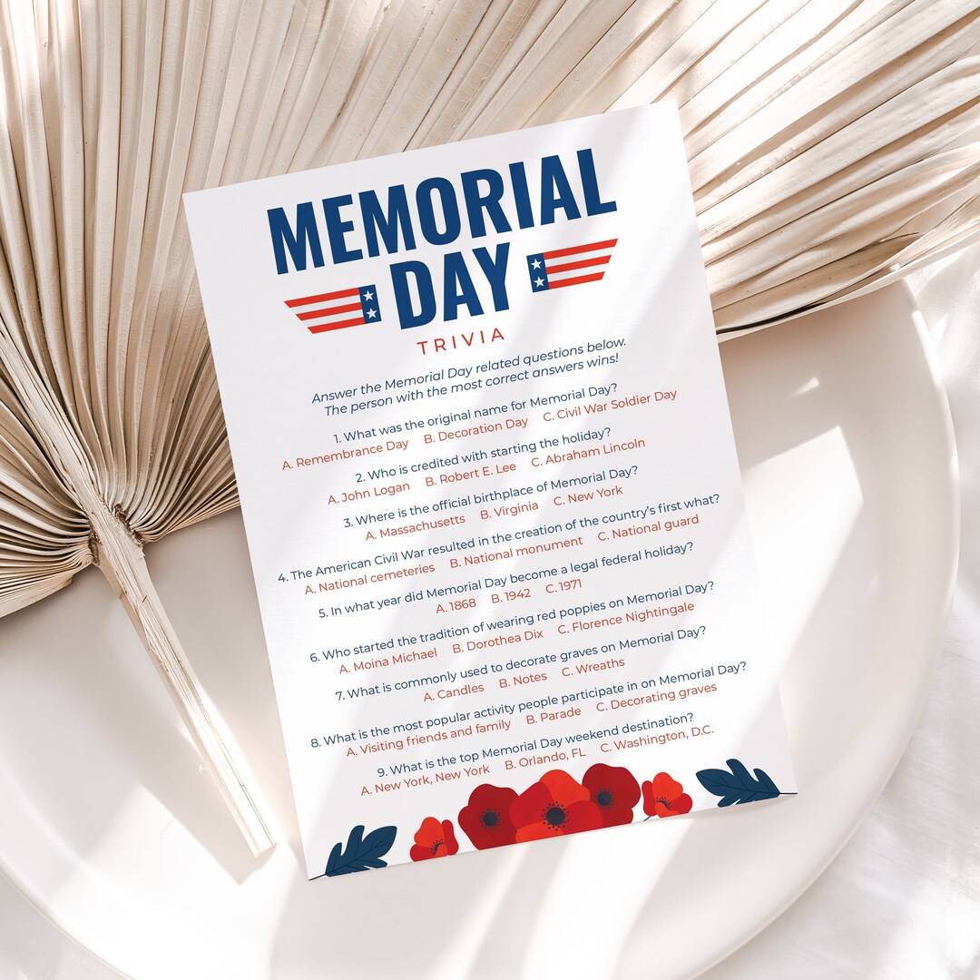 Memorial Day Trivia Printable Memorial Family Game Night Memorial Day ...