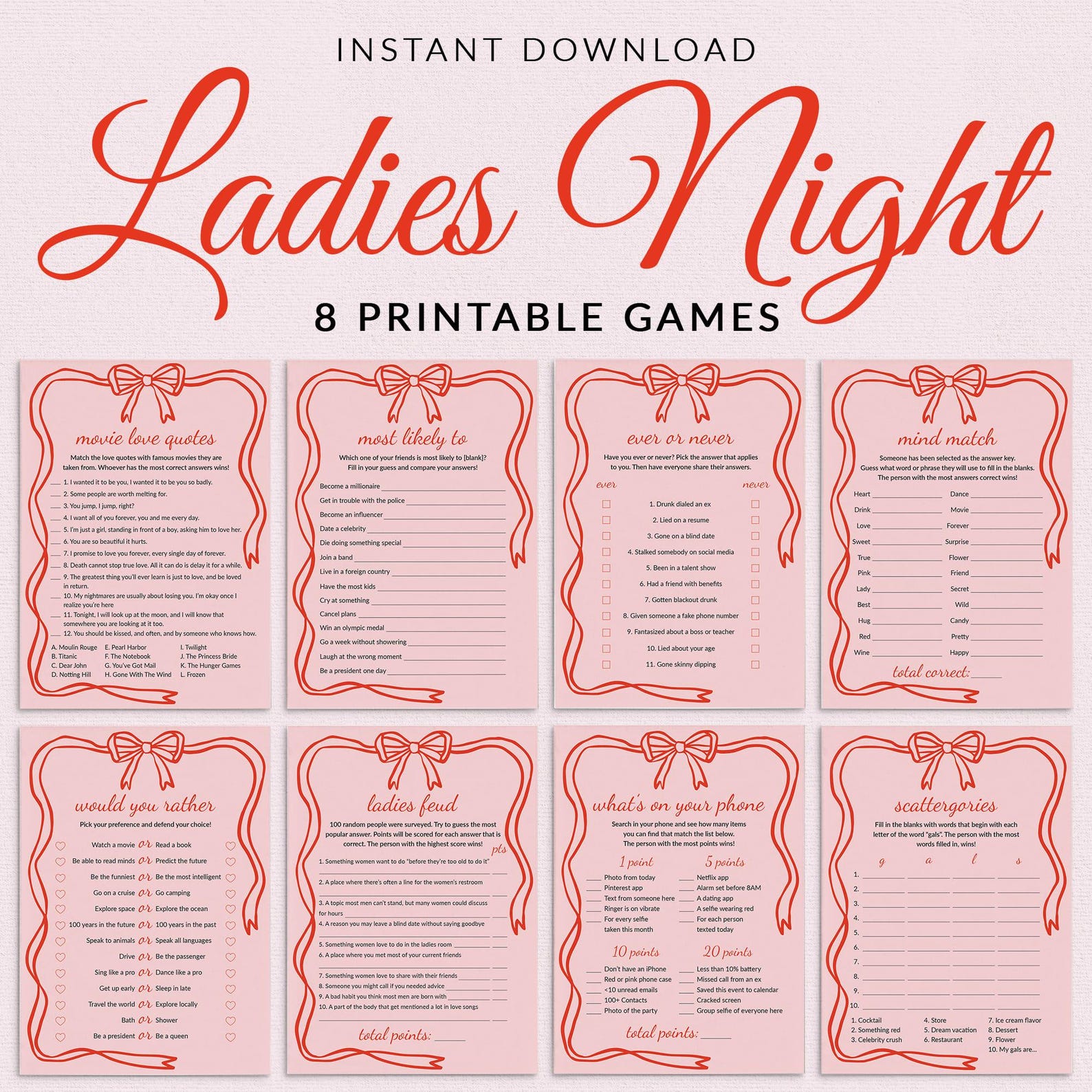 Printable Ladies Night Games Bundle Girl Night Games Adult Ladies Party ...