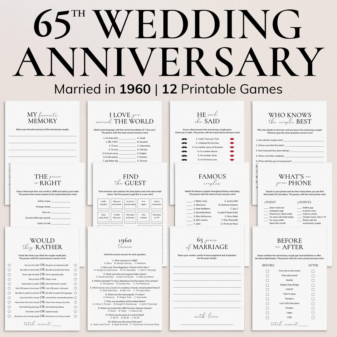 65th Anniversary Party Games Bundle Married in 1960 Wedding Anniversary ...