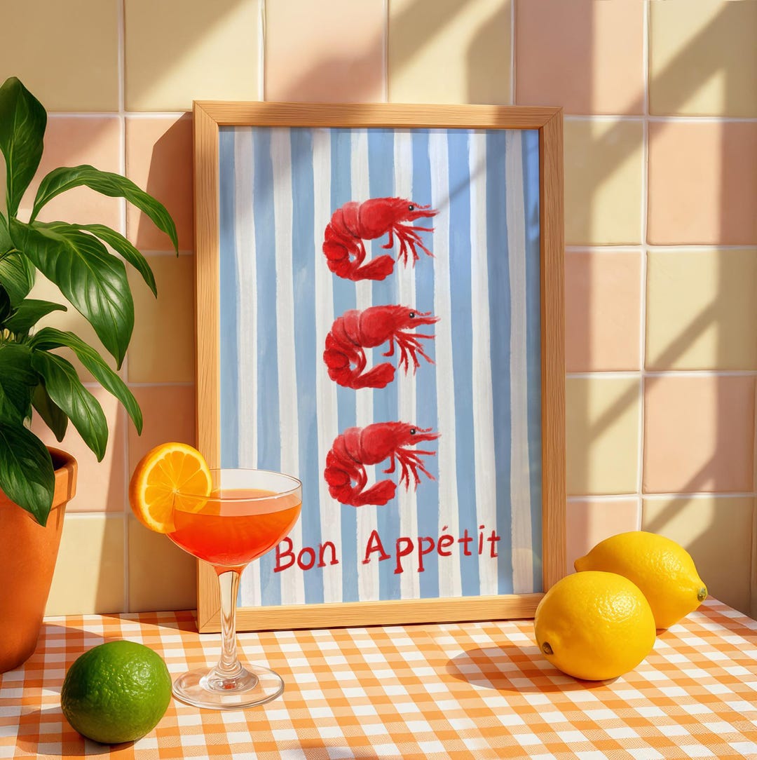 Trendy Prawn Print, Retro Kitchen Wall Art, Shrimp Print, Modern Wall ...
