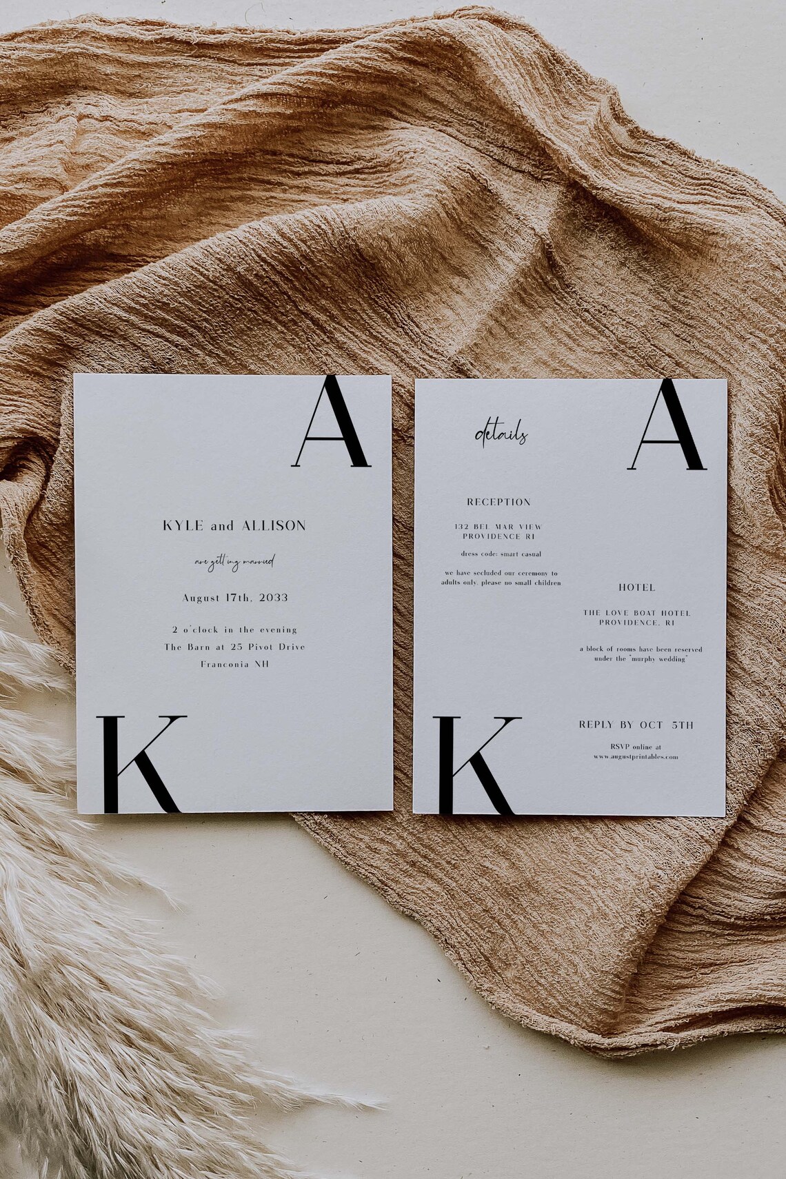 Wedding Invitation With Initials Modern Minimalist Front and Back With ...