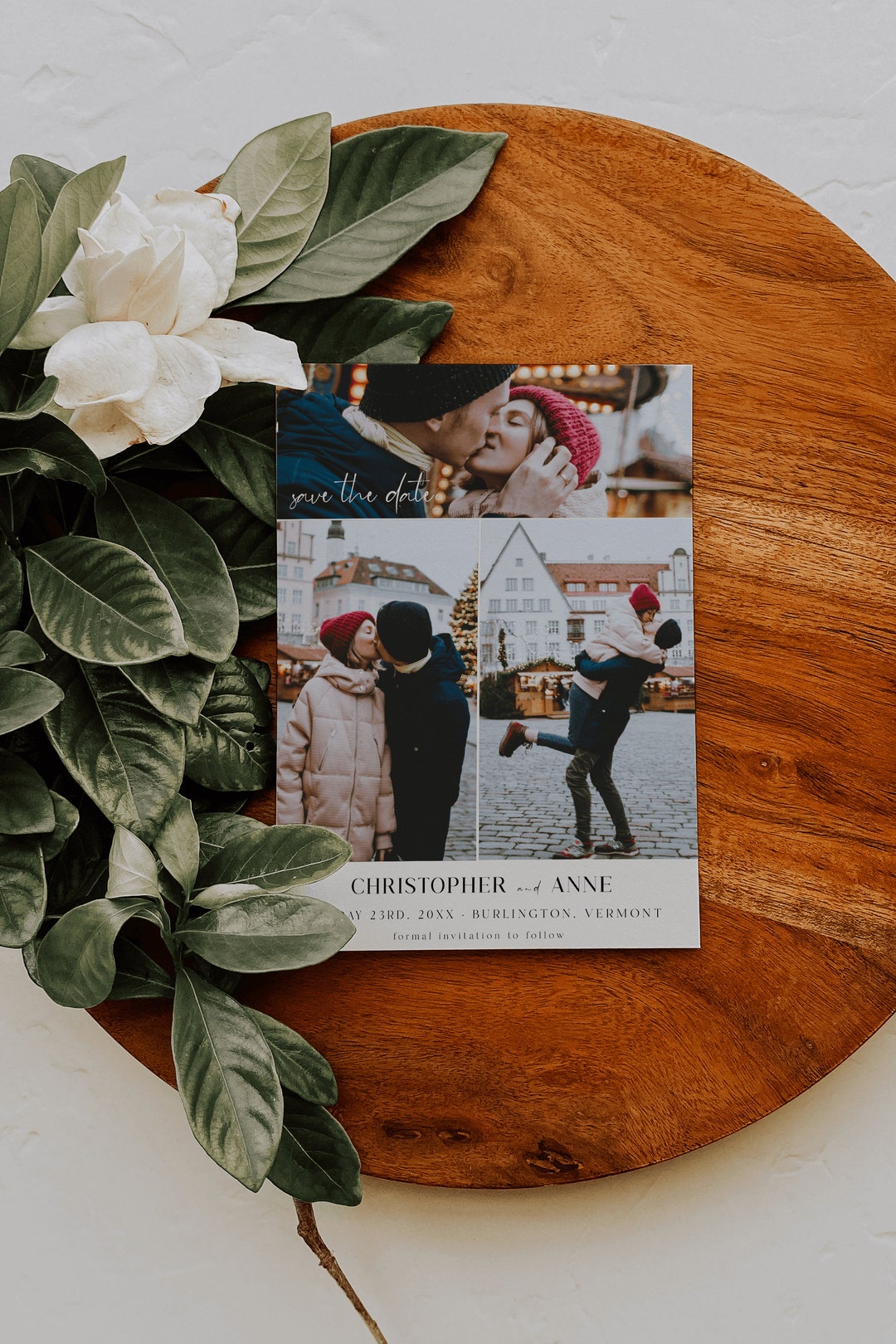 Modern Save the Date Three Picture Photo Collage Editable Card Template ...