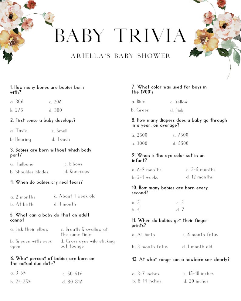Baby Trivia Baby Shower Game Printable Editable Template With Answer Baby Trivia Baby Shower Game Printable Editable Template With Answer